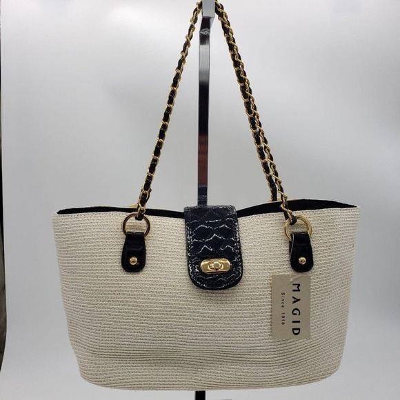 Magid | Bags | Magid Straw Tote Bag Black Crocodile Embossed Accents ...